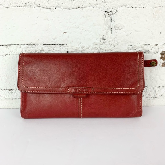 Fossil | Bags | Fossil Red Leather Trifold Flap Check Holder Wallet ...